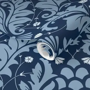 Spoonflower Flowers Blues Plants Hand Drawn Art Nouveau Custom Pre-pasted Wallpaper - Blue
