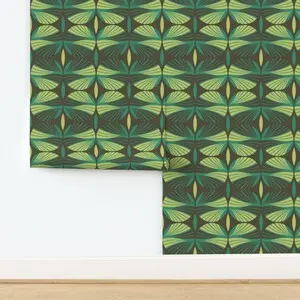 Spoonflower Vintage Nature Art Deco Palm Beach Ocean Custom Pre-pasted Wallpaper - Green