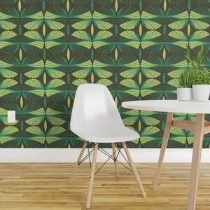 Spoonflower Vintage Nature Art Deco Palm Beach Ocean Custom Pre-pasted Wallpaper - Green