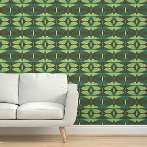 Spoonflower Vintage Nature Art Deco Palm Beach Ocean Custom Pre-pasted Wallpaper - Green