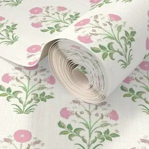 Spoonflower Light Pink And Indian Flower Block 100% Natural Sisal Grasscloth Wallcovering - Green