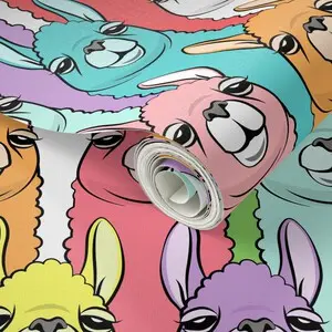 Spoonflower Llamas Llama Zoo Farm Head Face Custom Pre-pasted Wallpaper - Rainbow