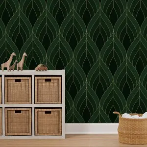 Spoonflower Art Deco Deco Tulips 30s French Geometric Pattern Custom Pre-pasted Wallpaper - Green