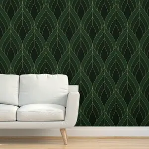 Spoonflower Art Deco Deco Tulips 30s French Geometric Pattern Custom Pre-pasted Wallpaper - Green