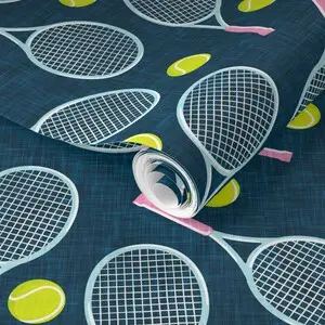 Spoonflower Tennis Racquet And Ball Custom Pre-pasted Wallpaper - Blue,sage,green