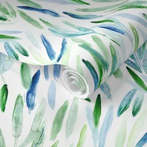 Spoonflower Green Blue Leaves Nature Leaf Jungle Traditional Wallpaper - Mint,blue,green