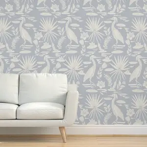 Spoonflower Low Country Egret Light 100% Natural Sisal Grasscloth Wallcovering - Blue