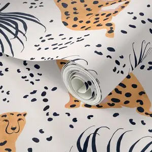 Spoonflower Cheetah Cat Big Leopard Jaguar Tropic Palm Safari Custom Pre-pasted Wallpaper - Black,orange,gray