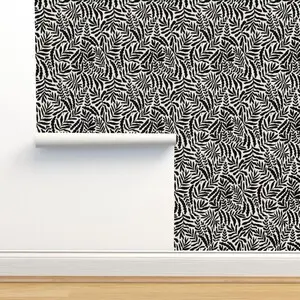 Spoonflower Black And White Tropical Leaves Small Scale 100% Natural Sisal Grasscloth Wallcovering - Black,white