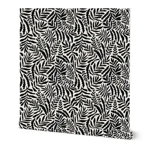 Spoonflower Black And White Tropical Leaves Small Scale 100% Natural Sisal Grasscloth Wallcovering - Black,white
