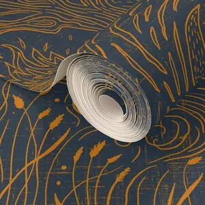 Spoonflower Autumn Moon Navy And Desert Sun 100% Natural Sisal Grasscloth Wallcovering - Navy,blue