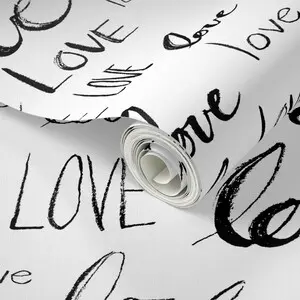 Spoonflower Love Writing Loving Loves Romance Handwriting Custom Pre-pasted Wallpaper - Black,white,gray