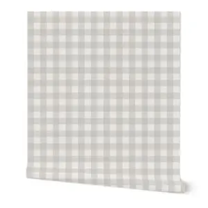 Spoonflower Light Buffalo Plaid Gingham 100% Natural Sisal Grasscloth Wallcovering - Gray,white