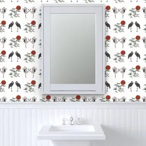 Spoonflower Branches Birds Oriental Crane Bamboo Japanese Custom Pre-pasted Wallpaper - Gray,brown