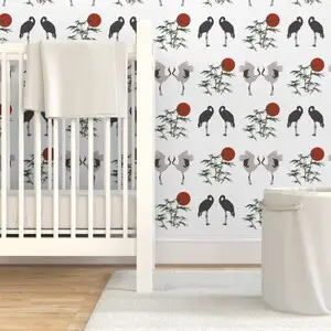 Spoonflower Branches Birds Oriental Crane Bamboo Japanese Custom Pre-pasted Wallpaper - Gray,brown