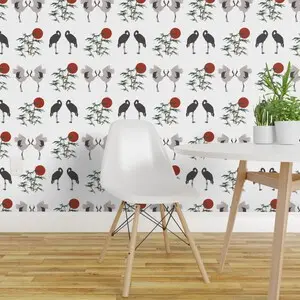 Spoonflower Branches Birds Oriental Crane Bamboo Japanese Custom Pre-pasted Wallpaper - Gray,brown