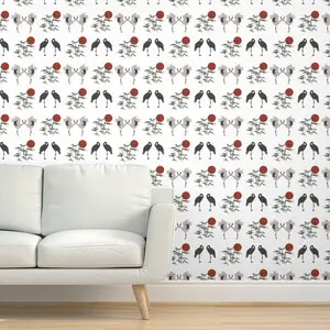 Spoonflower Branches Birds Oriental Crane Bamboo Japanese Custom Pre-pasted Wallpaper - Gray,brown