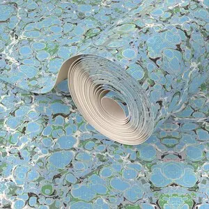 Spoonflower Marble Light Blue Cream Pine 100% Natural Sisal Grasscloth Wallcovering - Green,blue