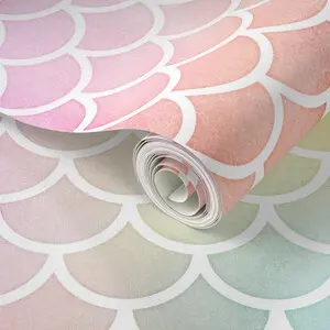 Spoonflower Pastel Watercolor Scale Pattern Kawaii Custom Pre-pasted Wallpaper - Rainbow