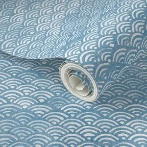 Spoonflower Azure Block Japanese Hand Printed Pattern Seigaiha Custom Pre-pasted Wallpaper Blue