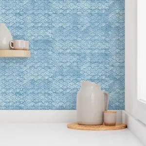 Spoonflower Azure Block Japanese Hand Printed Pattern Seigaiha Custom Pre-pasted Wallpaper - Blue