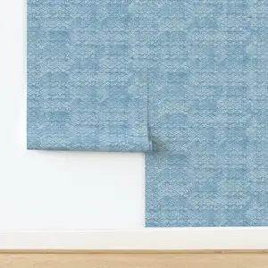 Spoonflower Azure Block Japanese Hand Printed Pattern Seigaiha Custom Pre-pasted Wallpaper - Blue