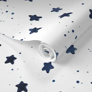 Spoonflower Star Stars Blue Twinkle Watercolor Navy Traditional Wallpaper - Blue,gray