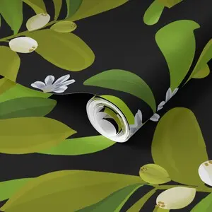 Spoonflower Black Hawaii Naupaka Extra Large Hawaiian Flowers Traditional Wallpaper - Green,black