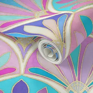 Spoonflower Twenties Art Deco Pattern Large Nouveau Scales Fan Custom Pre-pasted Wallpaper - Blue,pink,gray