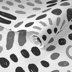 Spoonflower Grayscale Ink Drops Black White Dots Abstract Custom Pre-pasted Wallpaper - Black,gray,white