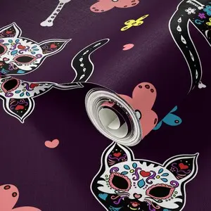 Spoonflower Cat Day Of The Dead Dia De Los Muertos Calaveras Custom Removable Wallpaper Purple,pink,red