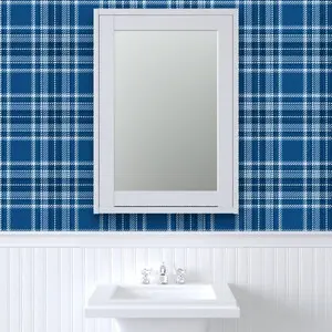 Spoonflower Plaid Monochromatic Tartan Scottish Scotland Custom Pre-pasted Wallpaper - Blue