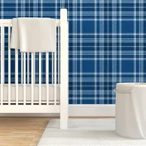 Spoonflower Plaid Monochromatic Tartan Scottish Scotland Custom Pre-pasted Wallpaper - Blue