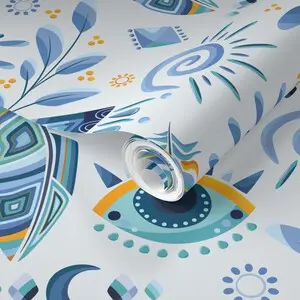 Spoonflower Blue Yellow Stars Sun Feather Folk Eye Custom Pre-pasted Wallpaper - Blue,gray