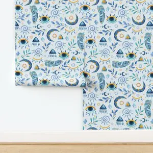 Spoonflower Blue Yellow Stars Sun Feather Folk Eye Custom Pre-pasted Wallpaper