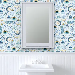 Spoonflower Blue Yellow Stars Sun Feather Folk Eye Custom Pre-pasted Wallpaper