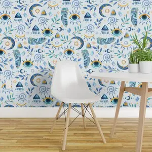 Spoonflower Blue Yellow Stars Sun Feather Folk Eye Custom Pre-pasted Wallpaper