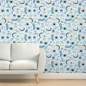 Spoonflower Blue Yellow Stars Sun Feather Folk Eye Custom Pre-pasted Wallpaper