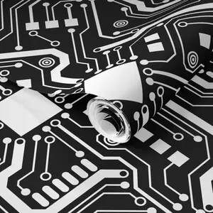 Spoonflower Science Nerdy Circuit Board Circuits Electronics Custom Pre-pasted Wallpaper - Black,white,gray