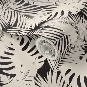 Spoonflower Black Leaves Plants Palm Bold Jungle Custom Pre-pasted Wallpaper - Black,ivory,beige
