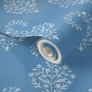 Spoonflower Cream Paisley Watercolor Bohemian And White Custom Pre-pasted Wallpaper - Blue