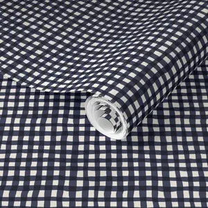 Spoonflower Gingham Navy Plaid Check Coordinate Buffalo Grid Custom Pre-pasted Wallpaper - Blue,gray