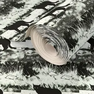 Spoonflower Cat 100% Natural Sisal Grasscloth Wallcovering - Black