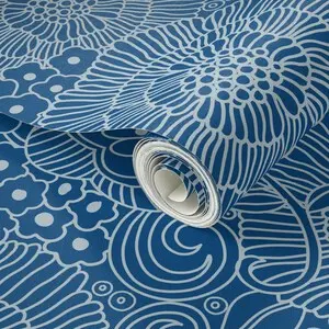 Spoonflower Floral Outline Hawaii Color Of The Year Custom Pre-pasted Wallpaper - Blue