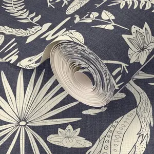 Spoonflower Lowcountry Egret Navy Small Scale 100% Natural Sisal Grasscloth Wallcovering - Navy,blue