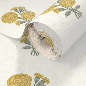 Spoonflower Marigold Indian Block Inspired Flower Woodcut 100% Natural Sisal Grasscloth Wallcovering - Yellow