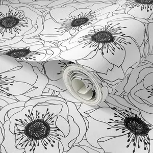 Spoonflower White Black Floral Illustration Flowers Poppy Traditional Wallpaper - Black,white,gray