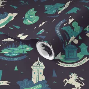 Spoonflower Unicorn Travel Scotland Scottie Dog Edinburgh Custom Pre-pasted Wallpaper - Blue,green