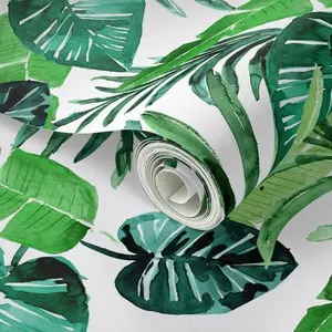 Spoonflower Tropical White Leaves Palm Monstera Jungle Custom Pre-pasted Wallpaper - Green