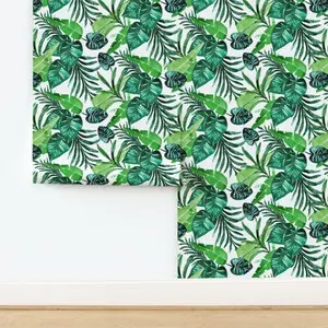 Spoonflower Tropical White Leaves Palm Monstera Jungle Custom Pre-pasted Wallpaper